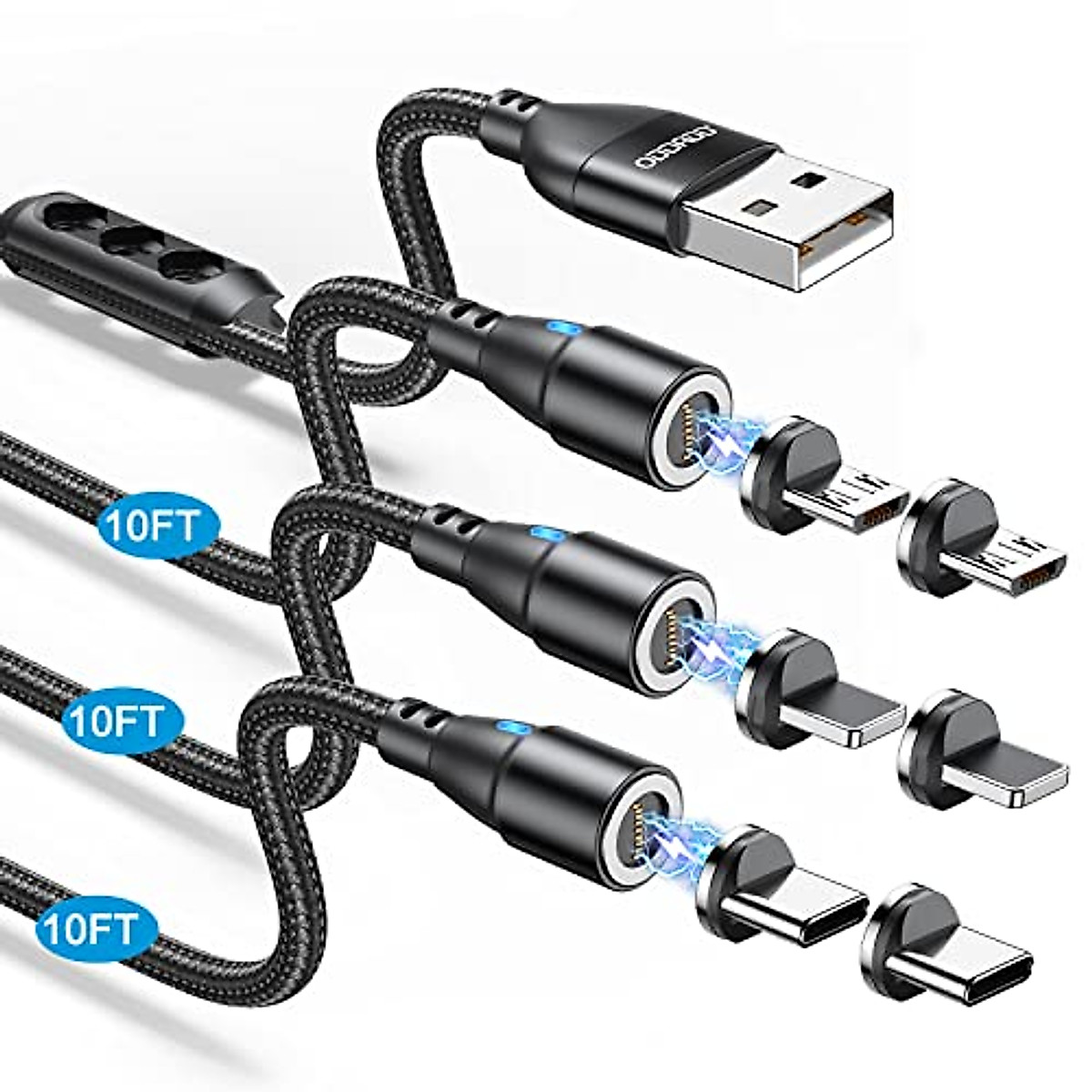 ODDADD Magnetic Charging Cable 3A Fast Charging[3Pack-10ft/10ft/10ft], 360° Rotating Magnetic Phone Charger Data Sync, Compatible with Micro USB, Type C, iProduct Devices