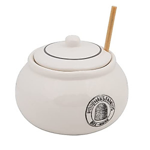 Creative Co-Op White Stoneware Honey Pot with Lid & Wood Honey Dipper (Set of 2 Pieces)