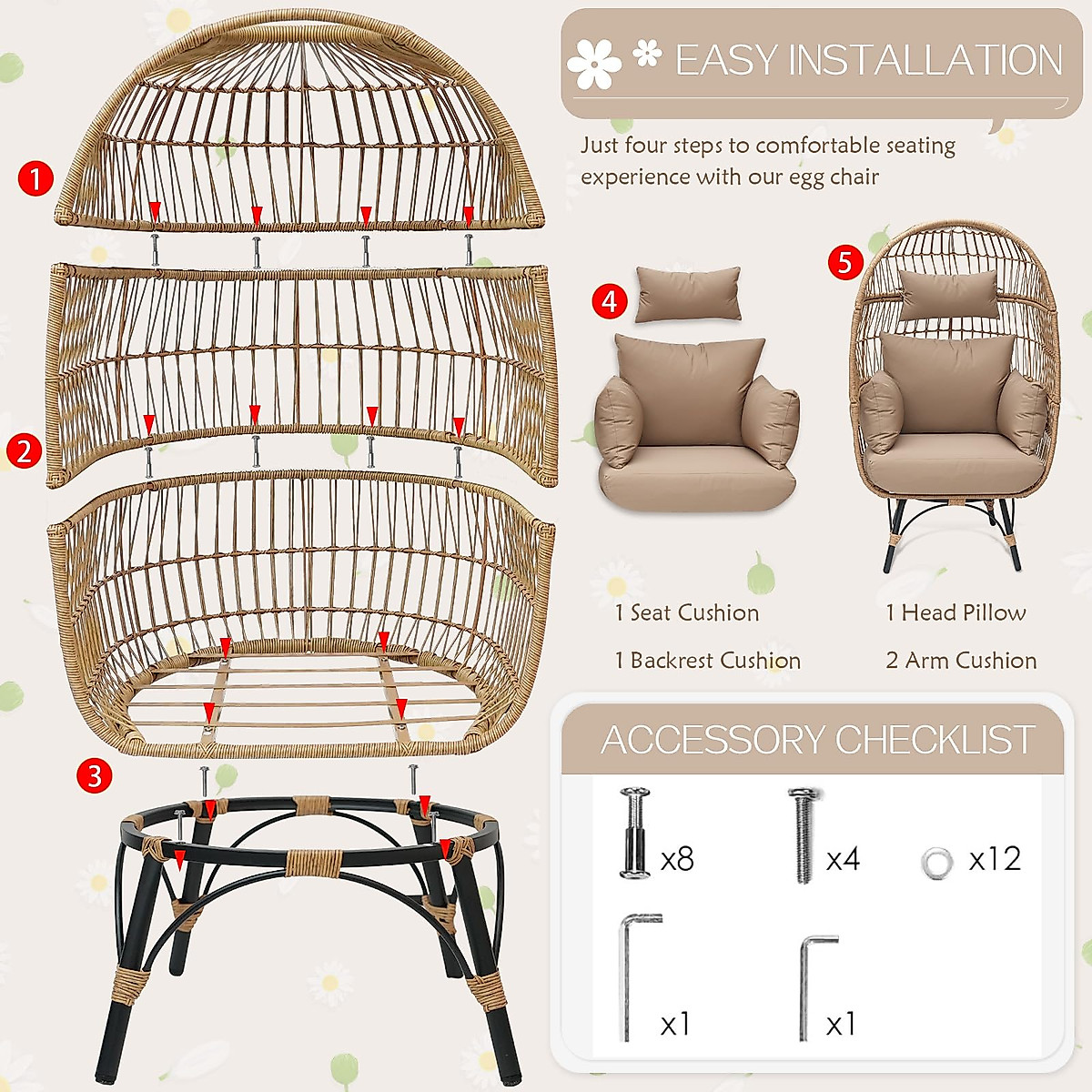 BULEXYARD Patio Wicker Stationary Egg Chair with Legs, Indoor Outdoor Oversized PE Rattan Egg Lounge Chairs for Garden, Backyard, Living Room, Bedroom(Brown/Brown, 2 Pcs)