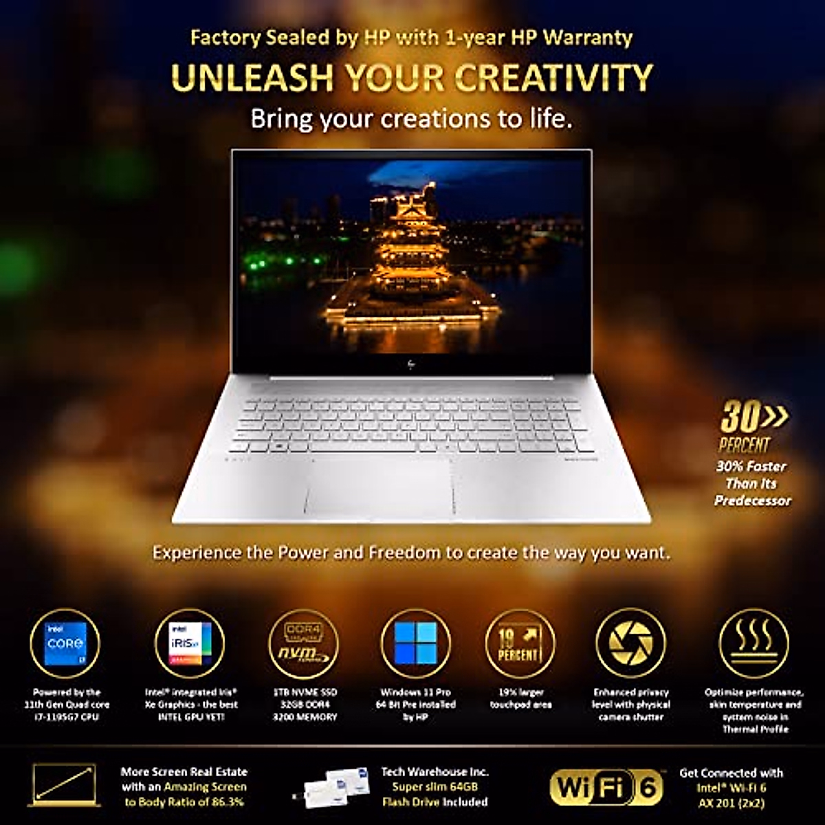 HP Envy 17T 2022 Laptop, i7-1195G7 11th gen, 32GB RAM, 1 TB NVMe SSD, 17.3" FHD Touch, Thunderbolt 4, Win 11 PRO, WiFi 6, B&O Audio, USB-A, Intel Xe Graphics, Silver, 64GB Tech Warehouse Flashdrive