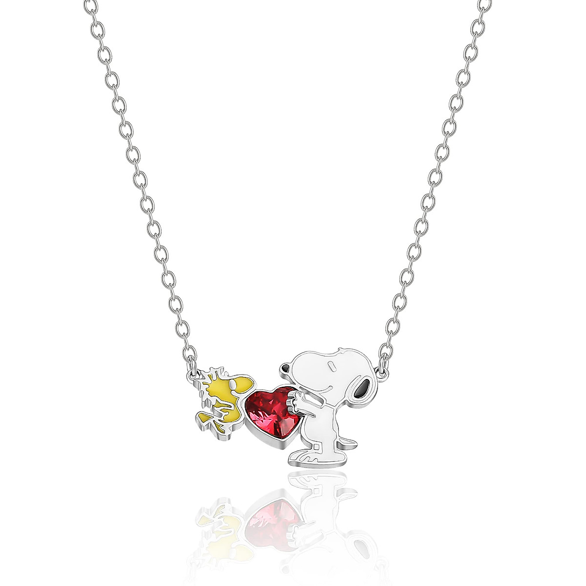 PEANUTS Womens Snoopy and Woodstock Red Crystal Heart Necklace 18" - Silver Plated Snoopy Necklace - Official License