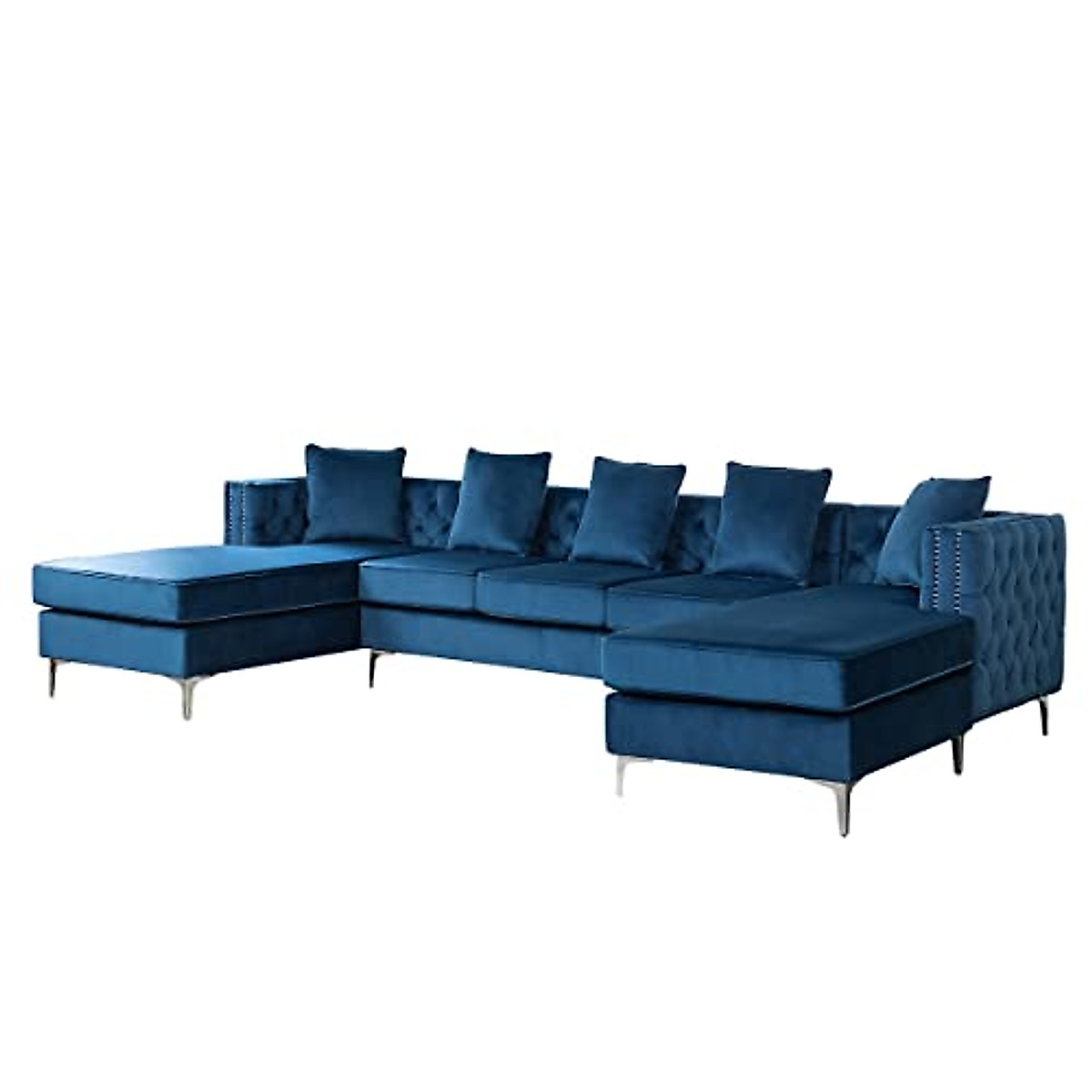 Modern U-Shape Sectional Sofa,Large Modular Sofa Velvet Couch Set with 5 Pillows and Metal Feet,Extra Wide Chaise Lounge Couch with Button Tufted and Nailhead Trim for Apartment Living Room,Blue