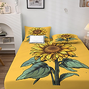 Sunflower Sheets Full Size, Plant Yellow Bed Sheets, Patterned Bedding Sheets & Pillowcases 4 Piece Set - Soft Microfiber Deep Pocket Fitted Sheet & Flat Sheet & 2 Pillow Cases L5-&-256