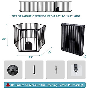 149-Inch Super Wide Adjustable Baby Gate and Play Yard, 4-in-1, Safety Playpen - Fireplace Fence for Toddler/Pet/Dog,Bonus Kit, Includes 4 Pack of Wall Mounts (6 Panels(30"-149"), Black)