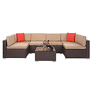 New Outdoor Courtyard Modular Furniture Set 7-Piece Rattan Sofa, Rattan Garden deep seat Dialogue Sofa with seat Cushion Tempered Glass Table