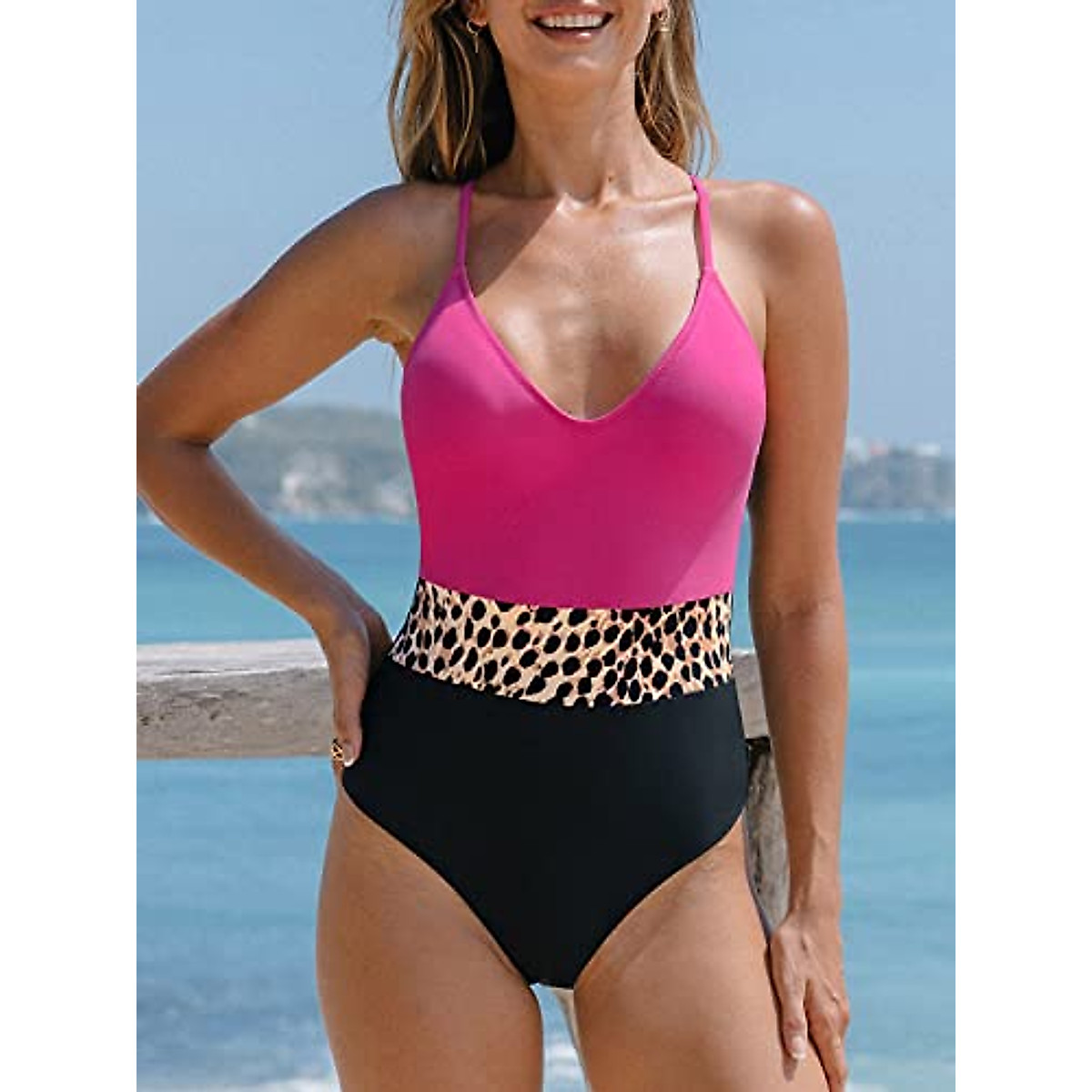 Roselychic One Piece Swimsuits for Women Tummy Control Bathing Suits V Neck Patchwork Printed Swimwear Monokini