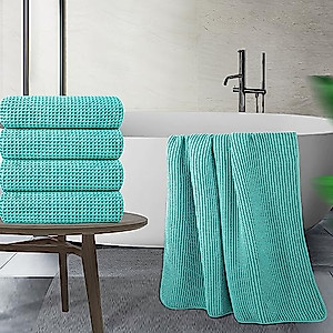 POLYTE Microfiber Oversize Quick Dry Lint Free Bath Towel, 60 x 30 in, 4 Pack (Aqua, Waffle Weave)
