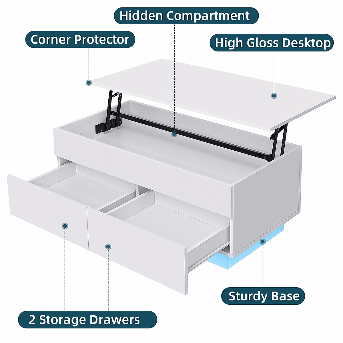 HOMMPA Lift Top Coffee Table with Hidden Storage LED Coffee table Morden High Gloss White Living Room 3 Tiers Tea Table with Storage Center Tables Hidden Compartment & 2 Drawers