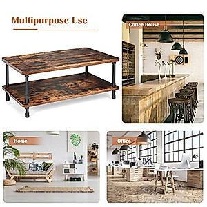Giantex Retro Coffee Table W/Thick Tabletop, Industrial Steel Pipe Legs & 2-Tier Storage Shelf Accent Table for Living Room, Reception Room, Easy Assembly Center Table, Rustic Brown