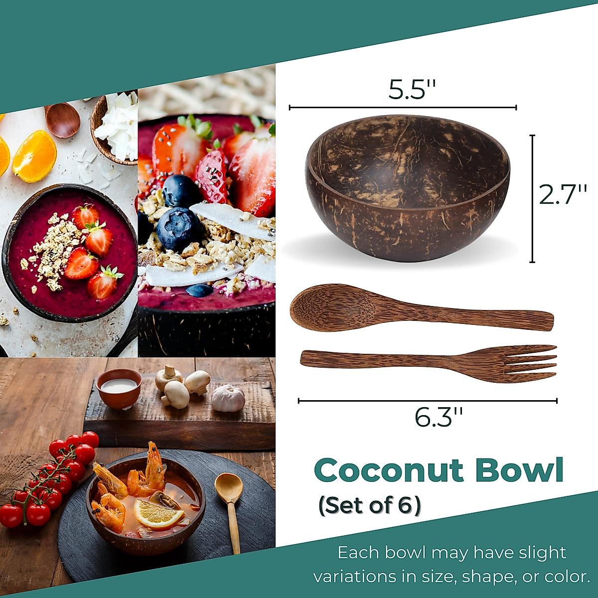 ENEOCARE Set of 6 Natural Coconut Bowls and Wooden Spoon Sets | Organic Reusable Eco-friendly Smoothie Bowls and Spoons, Forks | Perfect for Smoothie Bowls, Acai Bowls, Buddha Bowls (6)