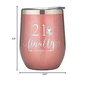 Crisky Rose Gold 21 & Finally Wine Tumbler for Girl 21st Birthday Gifts Funny Ideas for Girlfriend, Sister, Friends, Daughter, Her Wine Glass, Vacuum Insulated Coffee Cup 12oz, with Box, Lid and Straw