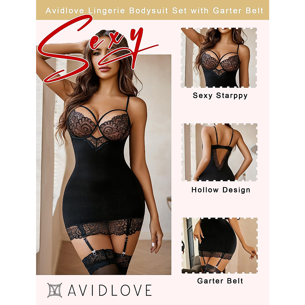Avidlove Women Lingerie Teddy Bodysuit with Garter Belt Lace Babydoll Full Slips No Stockings