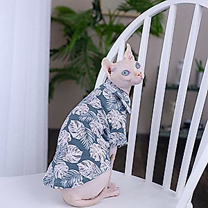 Hairless Cat T-Shirt Breathable Summer Cotton Hawaiian Shirts Short Sleeve Button Closure Turn Down Collar Leaf Print Cat Clothes Vest Apparel for Sphynx, Cornish Rex, Devon Rex, Peterbald (XXL-)