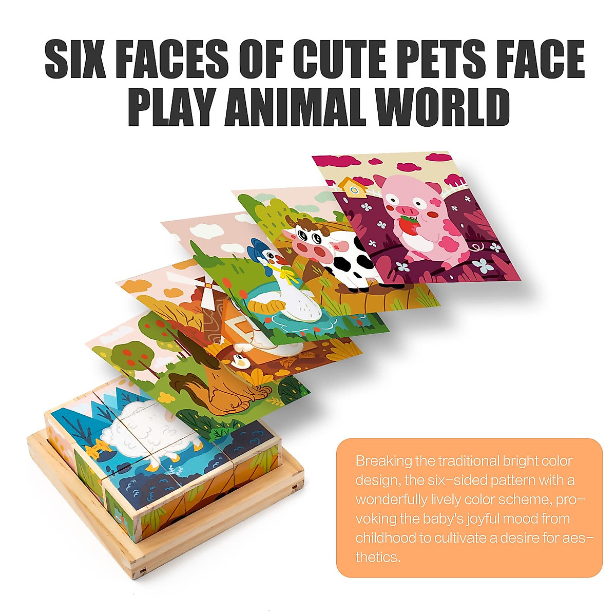 JOCY Wooden Block Puzzle Toddler 1-3-5 Years Kid Montessori Learning Games Educational Interactive Toys, Preschoolers Cube Puzzle with Storage Tray - 6 Puzzles 1 (Farm)