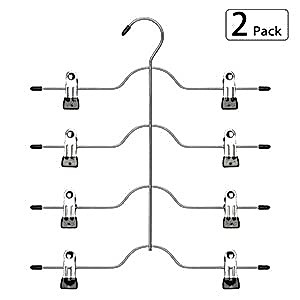 Szxc 2 Pack Skirt Pants Hangers with Adjustable Clips - 4 Tier Chrome with Black Vinyl - Non-Slip Durable - Closet Storage Organizer Space Saving (Pants Skirt Hangers (Set of 2)