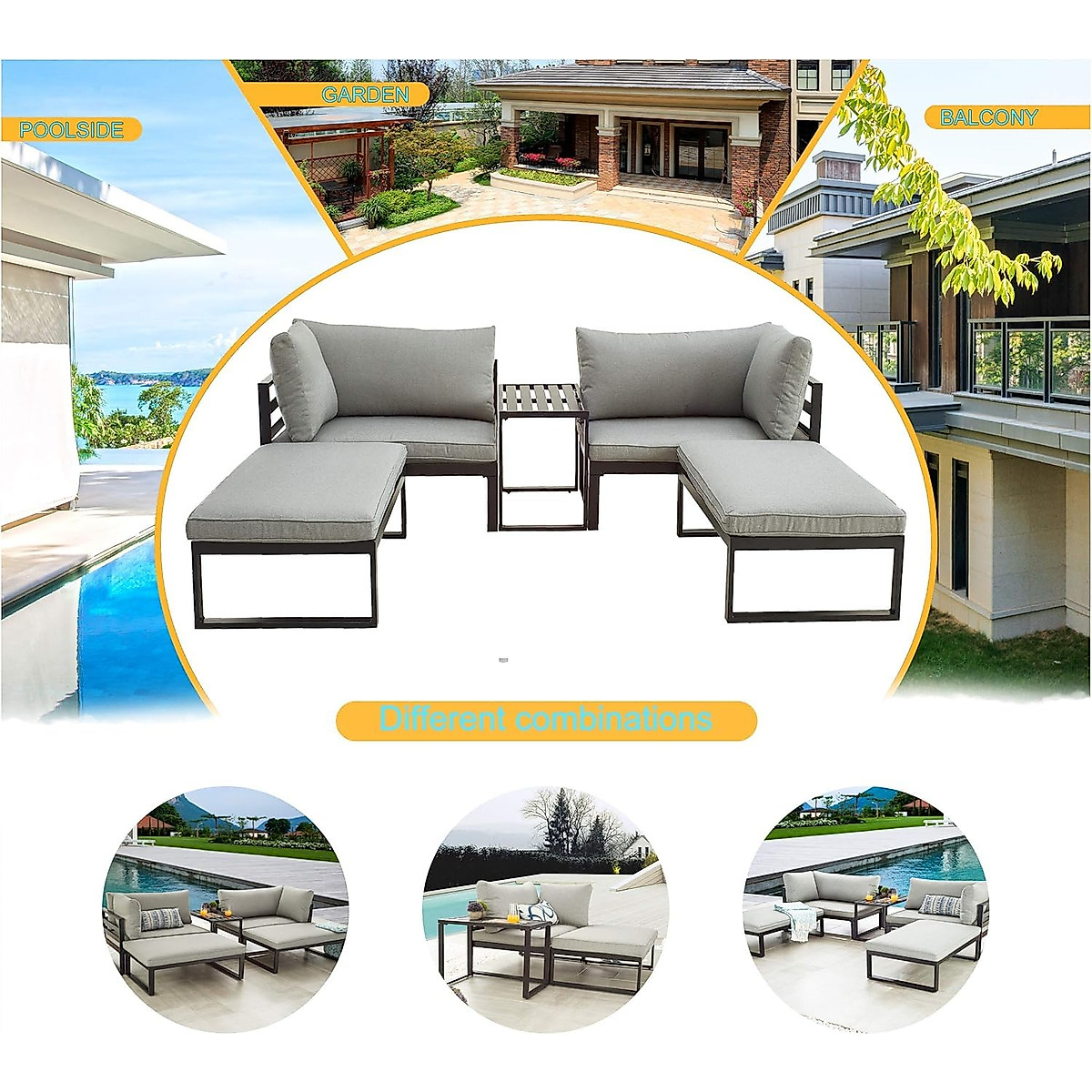 LOKATSE HOME Patio Furniture Conversation Metal Sofa Sunroom Indoor Chaise Lounge Cushioned Chairs with Ottoman Table, 5 Piece Set, Grey