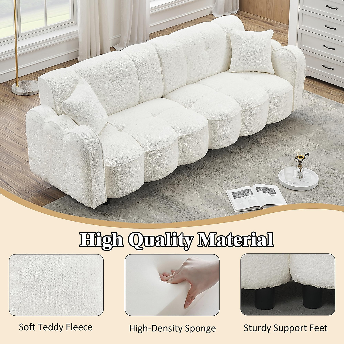 Elevon 96 Inch Modern Sofa Couch, Comfy Cloud Couch Loveseat Sofa Teddy Velvet Upholstered, 3 Seater Cozy Deep Seat with 2 Pillows for Living Room Bedroom Apartment Office, White