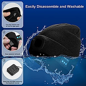 Bluetooth Beanie Hat with Light, Unisex LED Cap with Headphones Built-in Stereo Speakers & Mic, Tech Gift for Men Women Dad Black