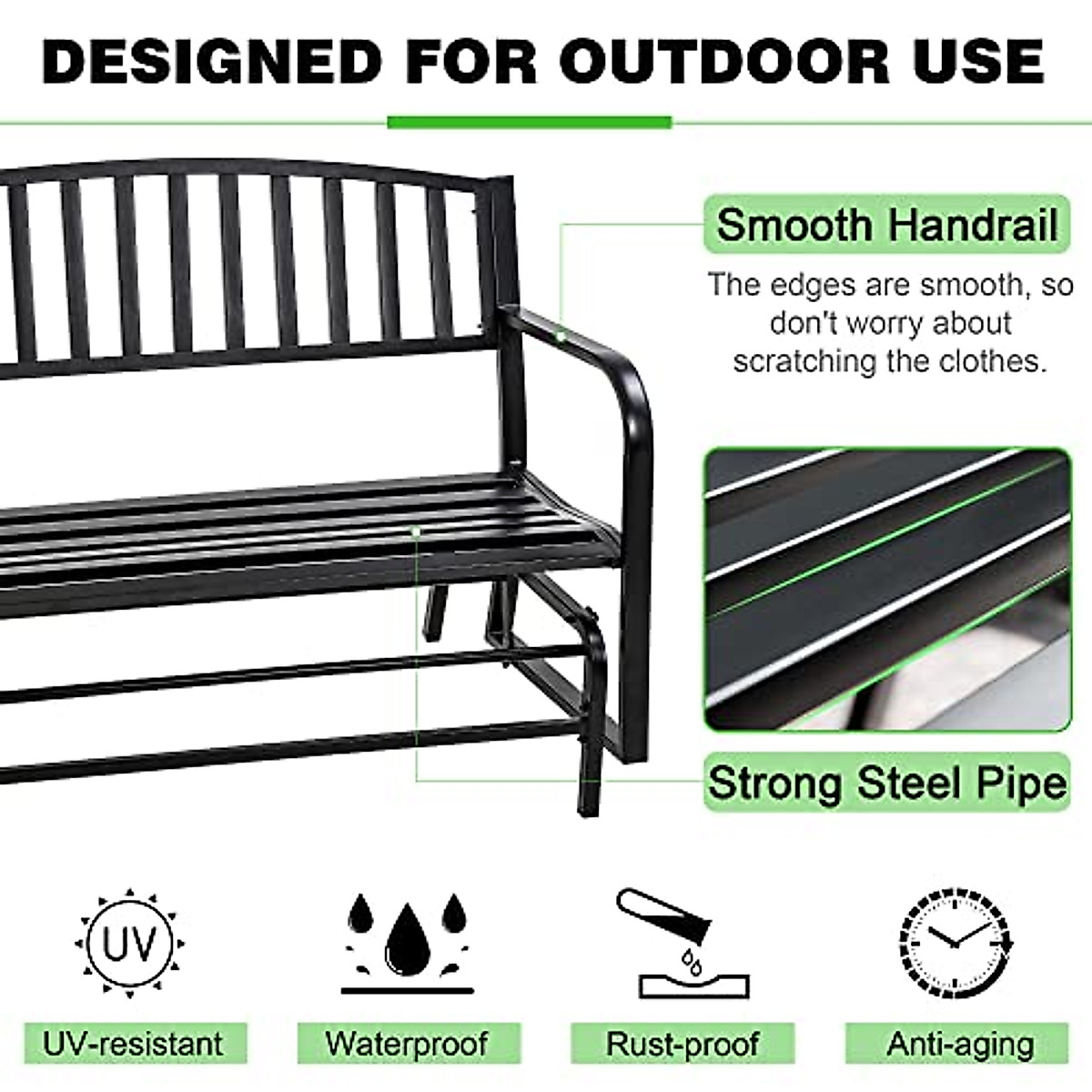 Metal Outdoor Glider Bench Waterproof Patio Glider Bench Porch Glider Swing Rocking Chair Glider with Powder Coated Frame for Garden Porch Balcony Backyard Lawn