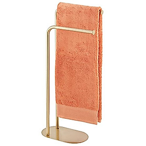 mDesign Tall Stainless Freestanding Towel Rack Holder - 2 Tier Minimalist Pedestal Hanger Holders for Kitchen and Bathroom - Racks for Bath, Hand, Dish, and Tea Towels or Washcloths - Soft Brass