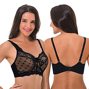 Curve Muse Women's Plus Size Minimizer Lace Full Coverage Unlined Wireless Bra-2Pack-Red,Black-36DDD