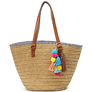 Straw Beach Bags Tote Tassels Bag Hobo Summer Handwoven Shoulder Bags Purse With Pom Poms