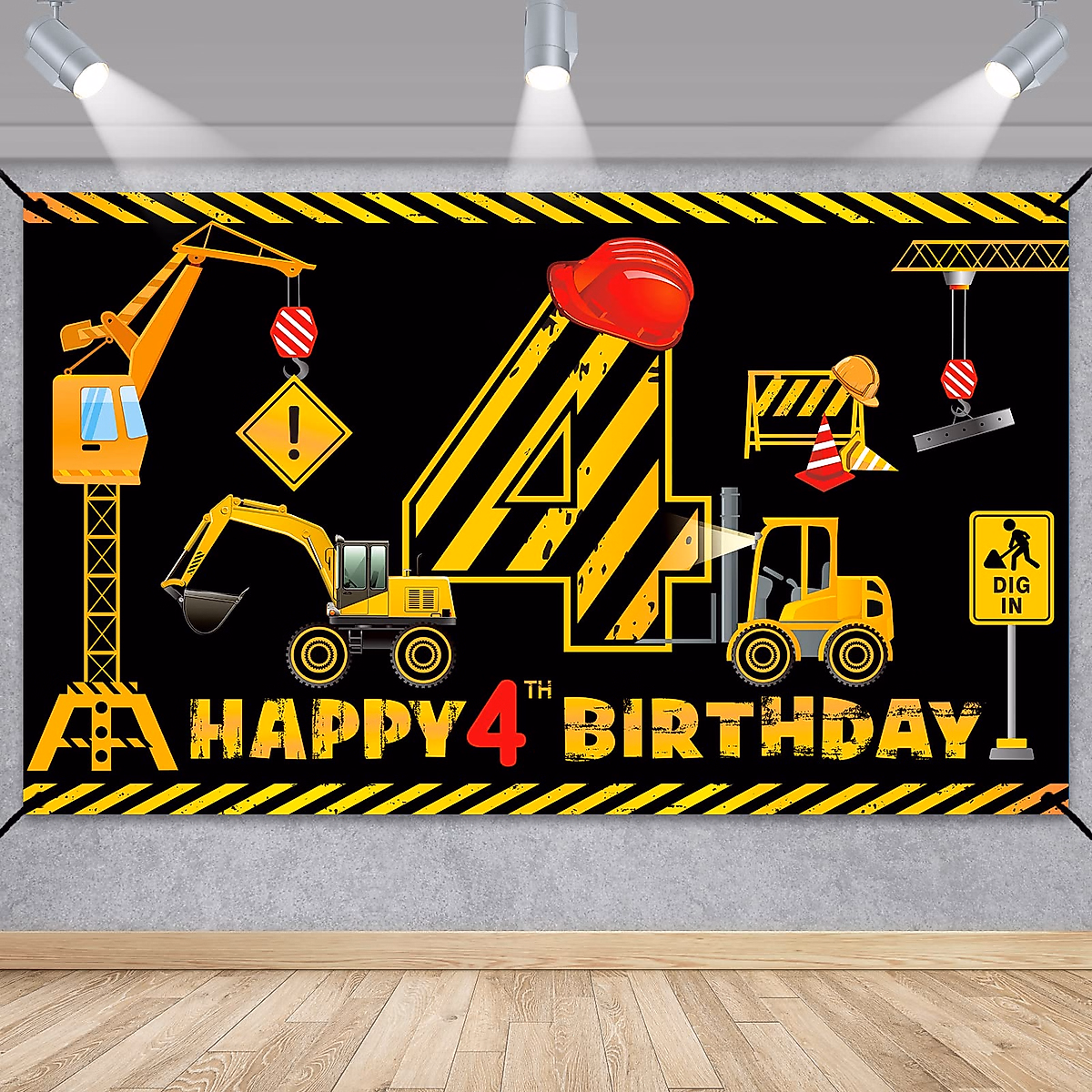 Construction 4th Birthday Banner Decorations for Boys Kids, Dump Truck Construction Theme Four Birthday Backdrop Party Supplies, Excavator Crane Digger Four Year Old Poster Sign