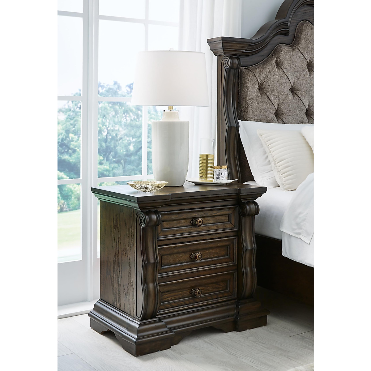 Signature Design by Ashley Maylee Classic 2 Drawer Nightstand with Pull-Out Tray, Power Supply and USB Ports, 29.5" Tall, Dark Brown