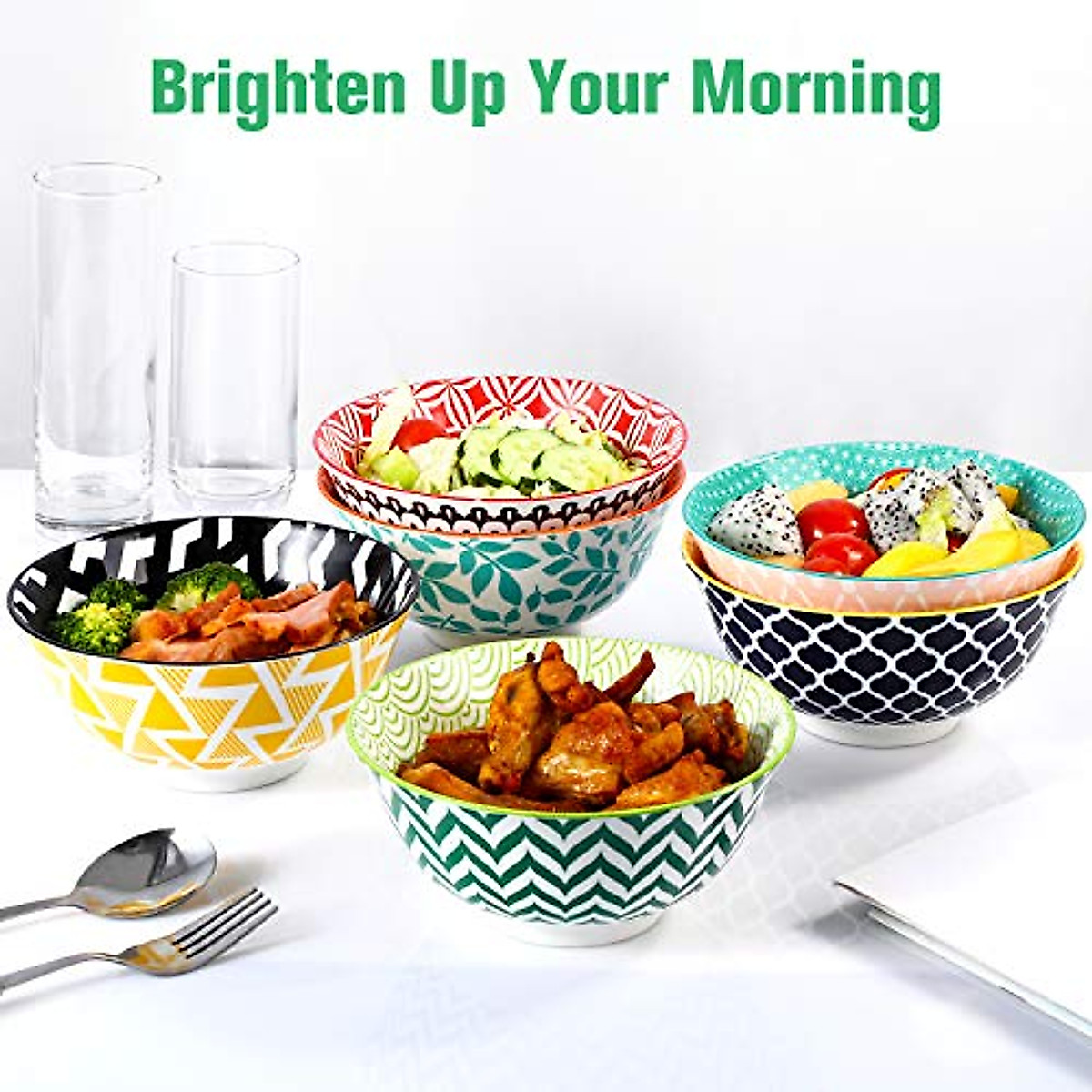 E-Gtong Ceramic Cereal Bowl 24 OZ, Porcelain Bowls Set of 6,Assorted Colorful Ceramic Bowl for Soup, Pasta, Salad and Rice, Microwave & Dishwasher Safe
