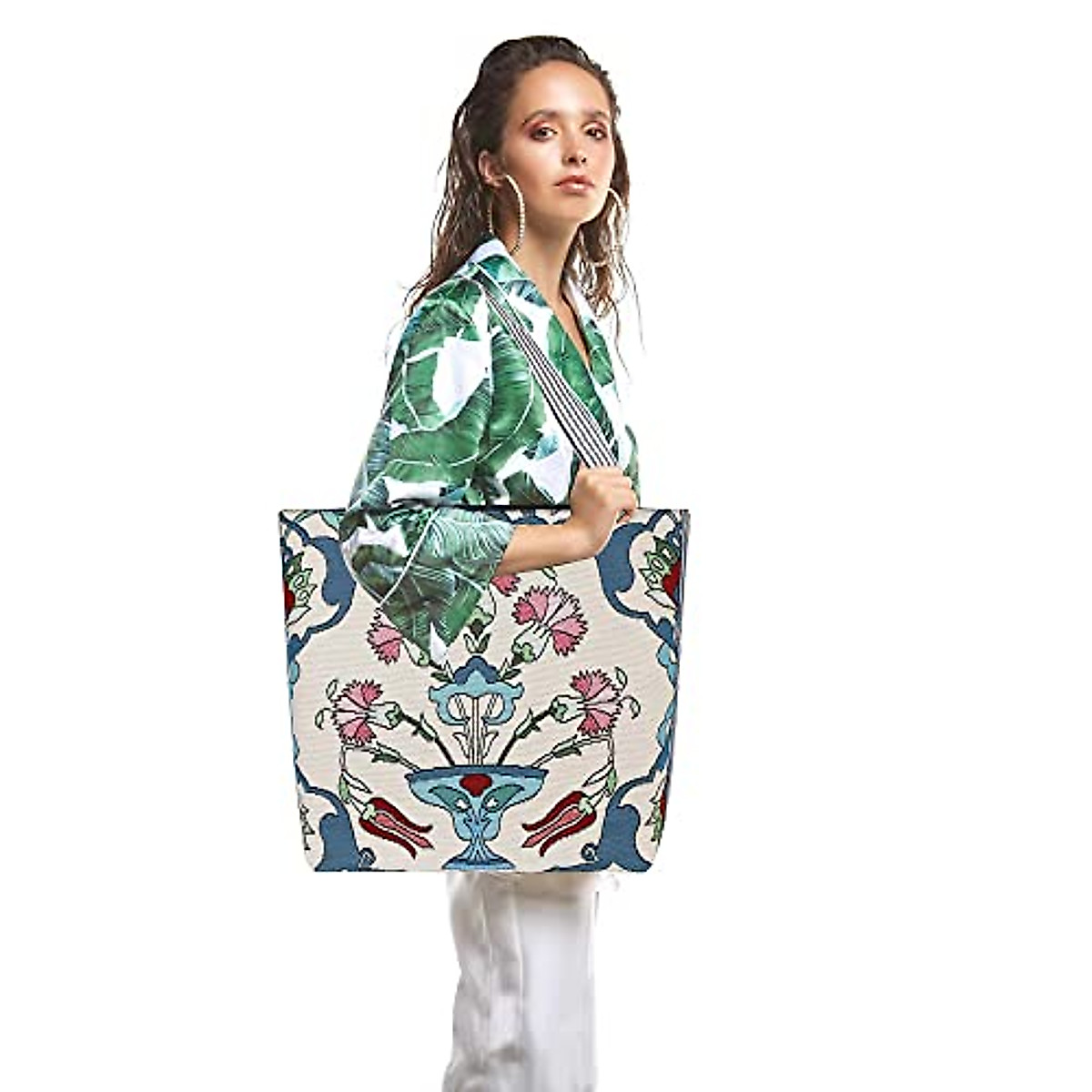 Aflngle Tote Bag for women Casual Canvas Handbags Beach Totes Large Capacity Grocery Shopping Bag Floral Embroidered Fashion Tote Bags, Travelling Shoulder Bags With Zipper boho Daily Bag