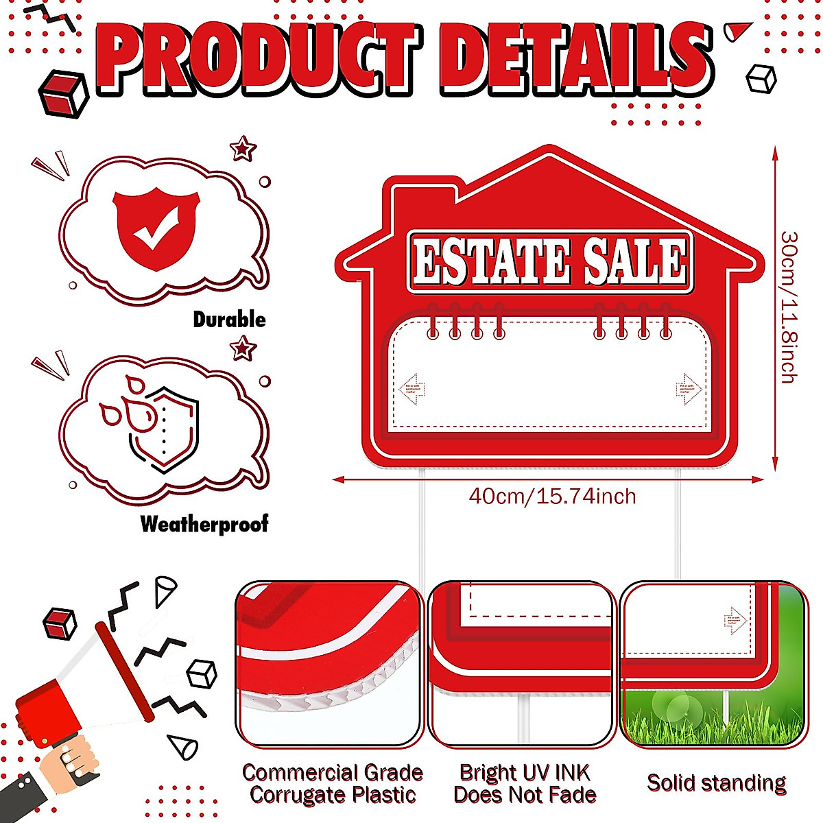 12 Pack Estate Sale Signs with Stakes 16'' x 12'' High Visibility for Sale Sign Protection Against Wind, Rain and Snow Weatherproof for Garage House Business or Personal Use