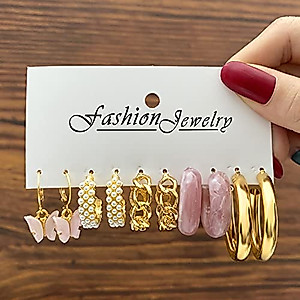 32 Pairs Gold Hoop Earrings Set for Women, Fashion Chain Link Hoop Stud Drop Dangle Earrings Boho Statement Hypoallergenic Earrings for Christmas Jewelry Gift