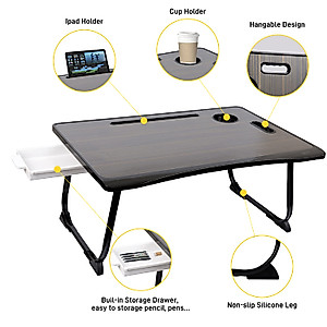 Amaredom Laptop Bed Desk Tray Bed Table, Foldable Portable Lap Desk with Storage Drawer and Cup Holder for Eating Breakfast on Bed/Couch/Sofa-Black