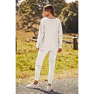 PRETTYGARDEN Women's 2023 Fall Fashion Outfits 2 Piece Sweatsuit Solid Color Long Sleeve Pullover Long Pants (Off-white,X-Large)
