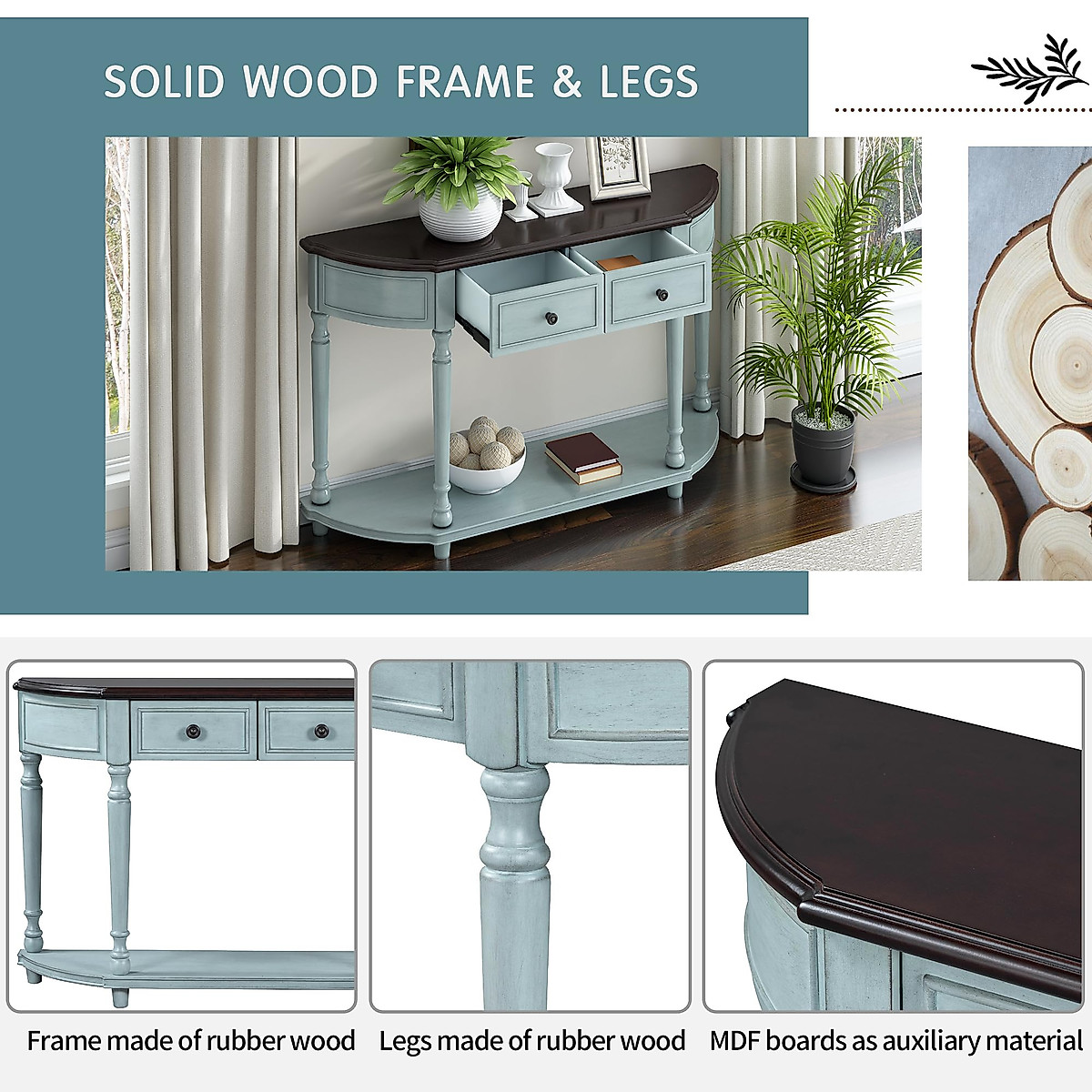 Retro Curved Design Console Table with Open Style Shelf, Solid Wooden Entryway Table Frame with Legs, 2 Top Drawers,Half Moon Shape Console Table for Hallway Living Room (Cherry + Antique Blue-01)