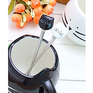 Honbay 2PCS Cute Cat Spoon Stainless Steel Tea Spoon Coffee Spoon Sugar Spoon for Cat Mug, Black and White