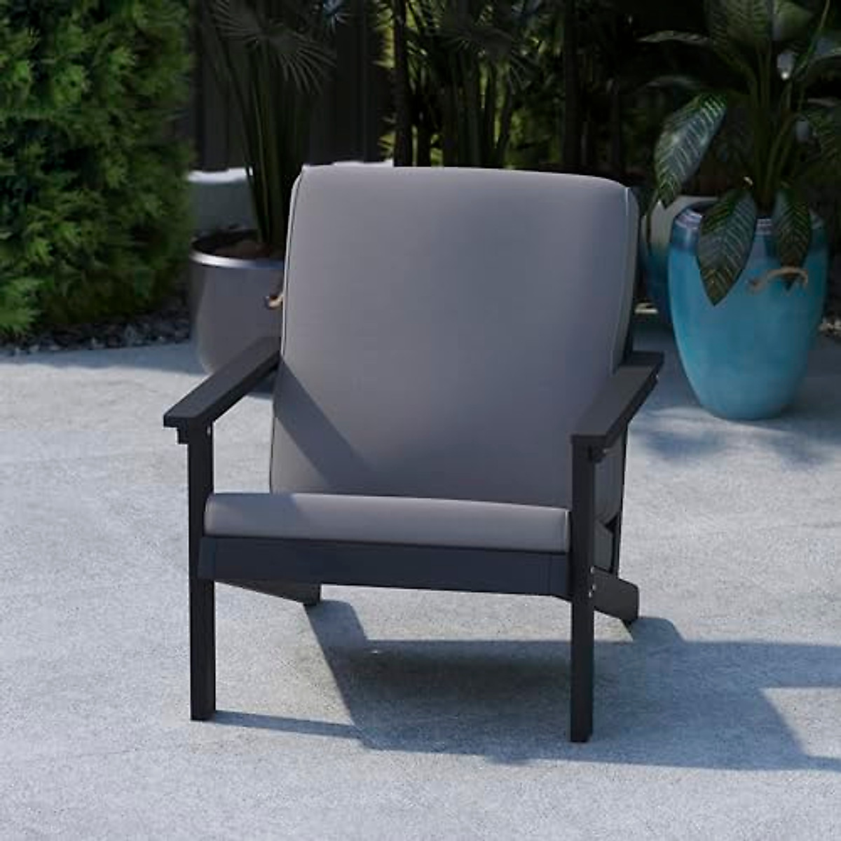 Flash Furniture Charlestown Adirondack Style Deep Seat Patio Club Chair with Cushions - Black Poly Resin Frame - Cream All-Weather Cushions - Indoor/Outdoor