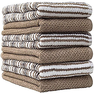 400 GSM Absorbent 6 Pack Cotton Popcorn Stripe Kitchen Towels with Hanging Loop - 16x26 Inches, Tan