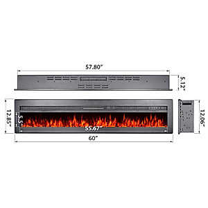 GMHome 60 Inches Wall Recessed Electric Fireplace 9 Changeable Color Realistic Crystal Stone Flame Heater, with Remote, 1500W, Metal Panel - Black