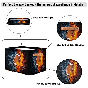 Fire Ice Football Foldable Storage Bin, Fire Water Sport Ball Fabric Storage Baskets Collapsible Decorative Baskets Organizing Basket Bin with Handles for Home Office, 2PACK