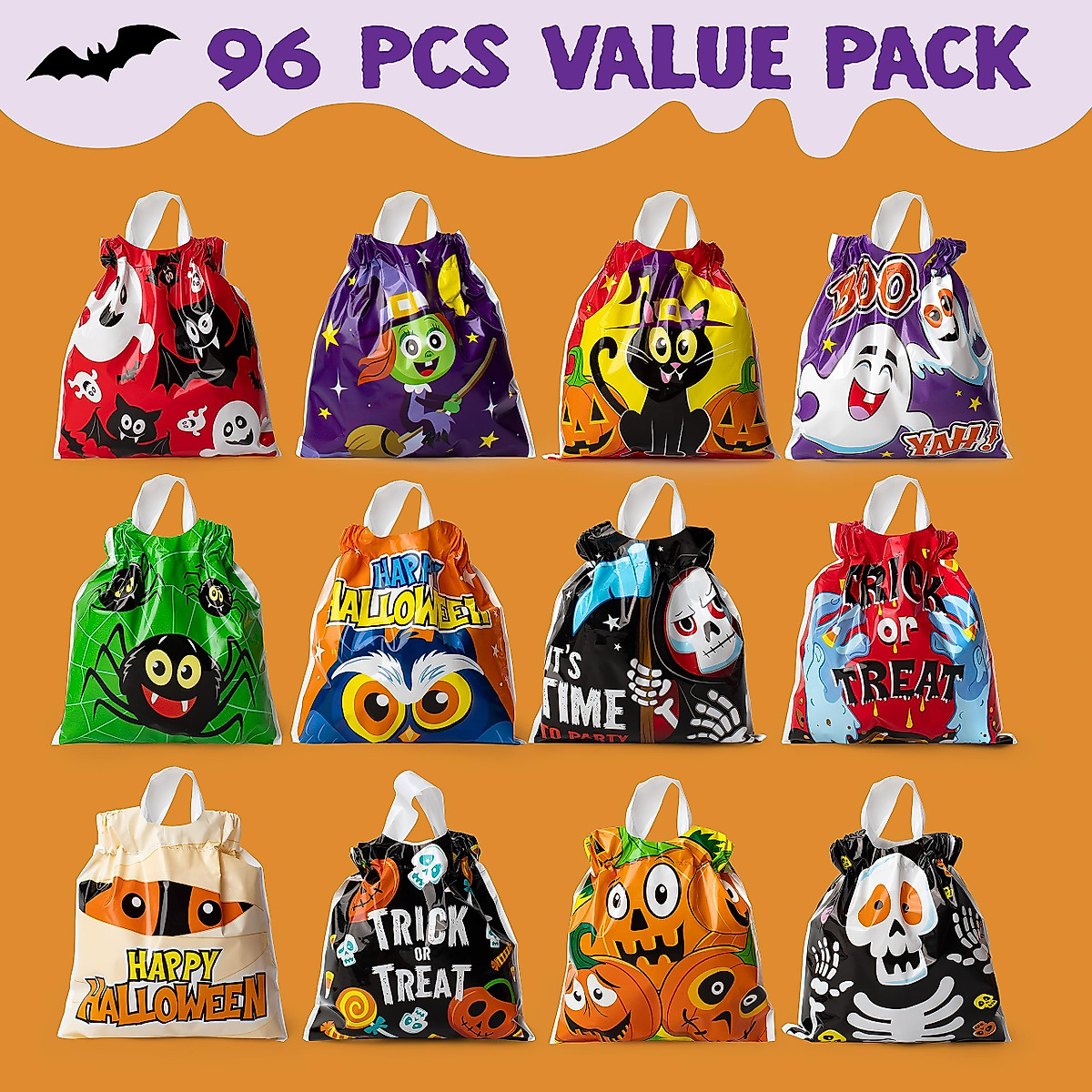 JOYIN 96 Halloween Drawstring Treat Bags 6"x6" Halloween Goody Bags for Kids' Trick or Treat Goodie Bags Classroom Halloween Party Favor Supplies
