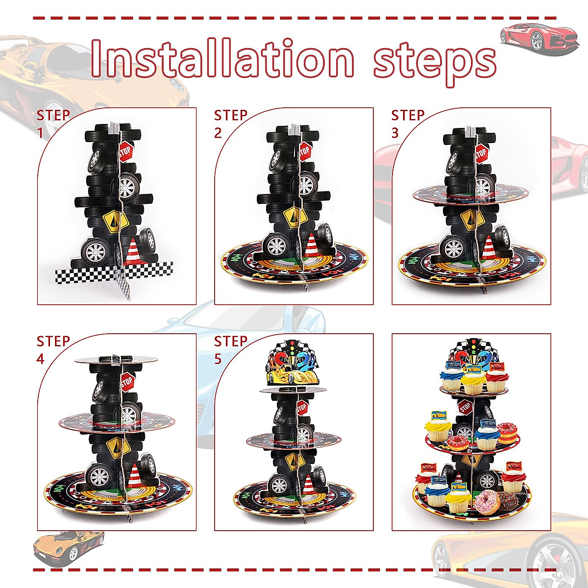 Waenerec Race Car Birthday Party Supplies 8PCS Tire Balloons & 3 Tier Cupcake Stand Food Display Dessert Holders Tower for Kids Classic Car Party Decorations