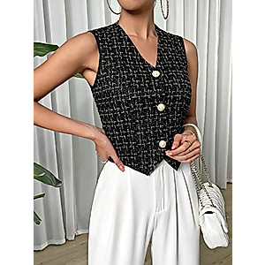 WDIRARA Women's Asymmetrical Hem Button Front Crop Blazer Sleeveless V Neck Blazer Vest Black M