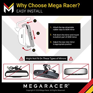 Mega Racer Car Rear View Mirror, Clear Convex, 10.6" 270mm Panoramic Rear View Mirror Accessories, Wide Angle Blindspot Mirror For Car, Rubber Clip On, Universal Rearview Mirror, Truck Accessories