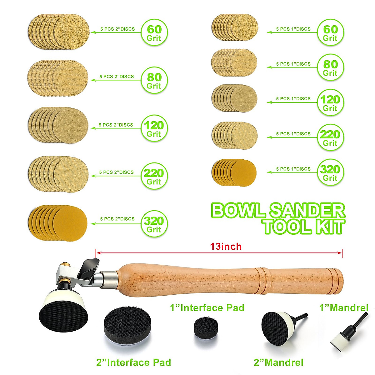 Bowl Sander Kit, Sanding Block, Wood Lathe Tools with 50Pcs Hook & Loop Sanding Discs+ 1" & 2" Backing Plates and Foam Interface Pads, 13" Long Hardwood Handle and Dual Bearing Head for Woodworking