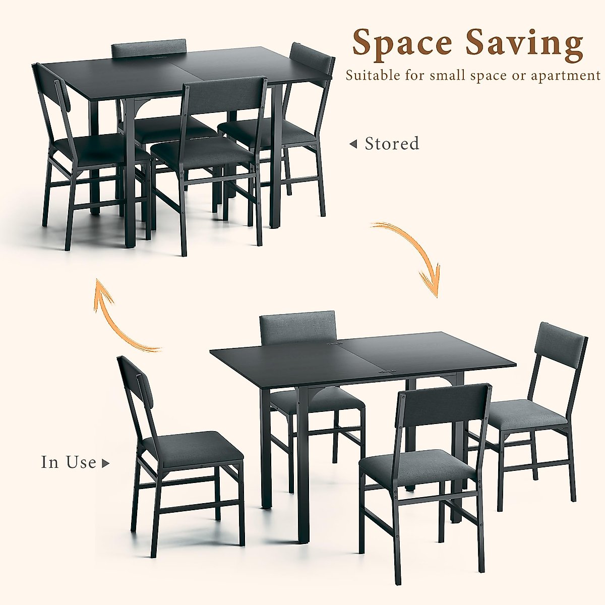 HUAHUU Dining Table Set for 4, Extendable Kitchen Table Cushion Chairs Set of 4, Rectangle Dining Table with Metal Frame & MDF Board, Folding for Small Apartment Saving Space, Black