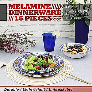 Melamine Dinnerware Set for 4-16 Pcs:Camping Dishes Set with Dinner Plates,Salad Plates,Cups and Bowls.Lightweight and Unbreakable,Indoor and Outdoor Use