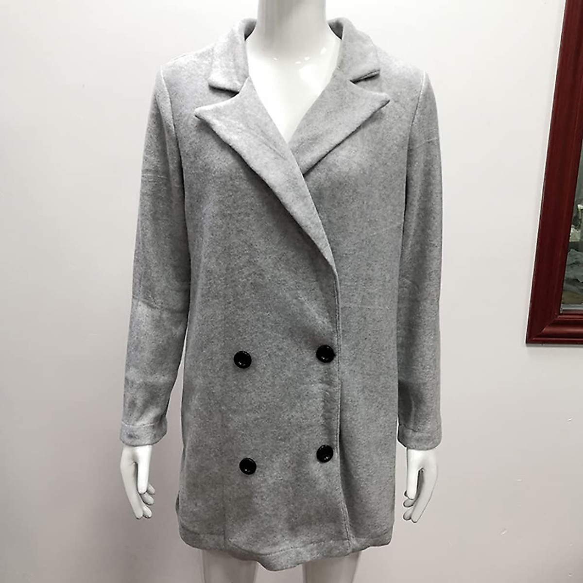 Women Duffle Coat Peacoat Double-Breasted Notch Lapel Button-Down Jacket Solid Color Plain Thigh-Long Trench Outerwear Windbreaker(A Light Grey,2XL)