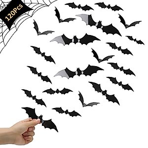 HeyMate DIY Halloween Decoration Bats Stickers, 120 Pcs 3D Bats Wall Decor Halloween Party Supplies PVC Black Spooky Bat for Indoor Outdoor