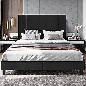 Flolinda King Size Bed Frame, Upholstered Bed Frame with Tall Tufted Velvet Headboard, Heavy Duty Metal Mattress Foundation with Wooden Slats, King Bed Frame No Box Spring Needed, Easy Assembly